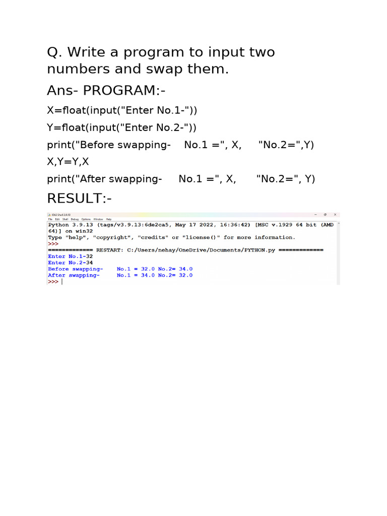 Python Program to Swap Two Numbers | PDF