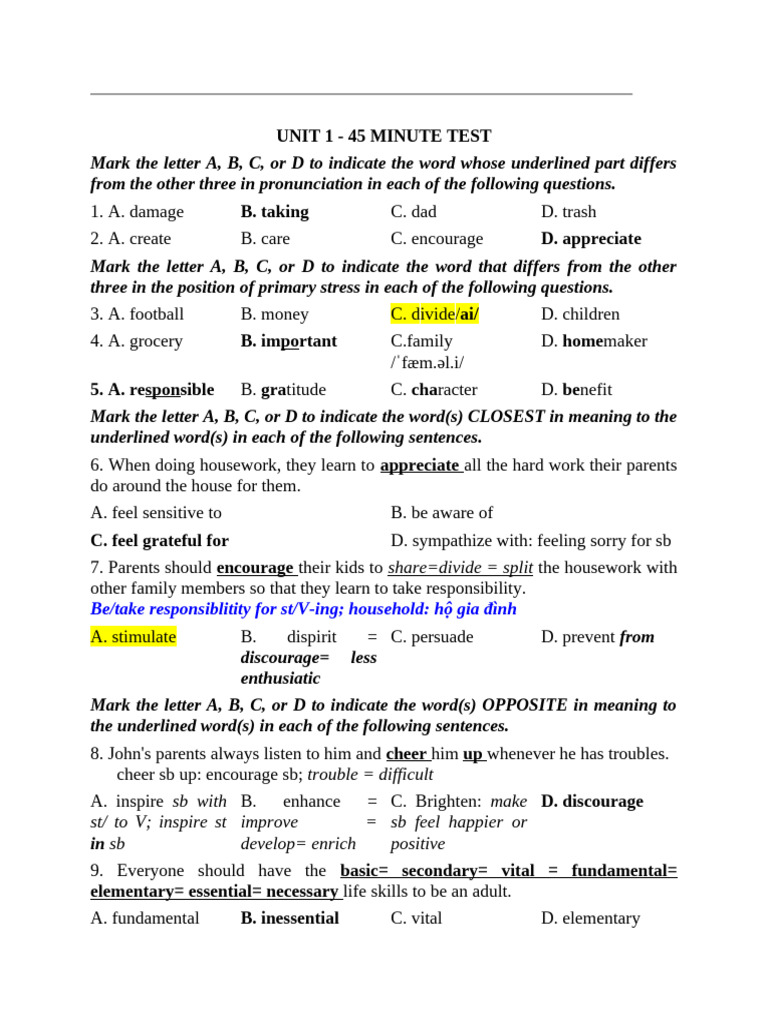 Unit 1 - 45 Minute Test Key | PDF | Behavior | Adolescence