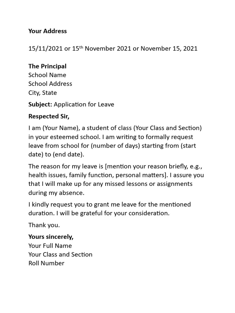 Leave Application Lettter - Sample | PDF