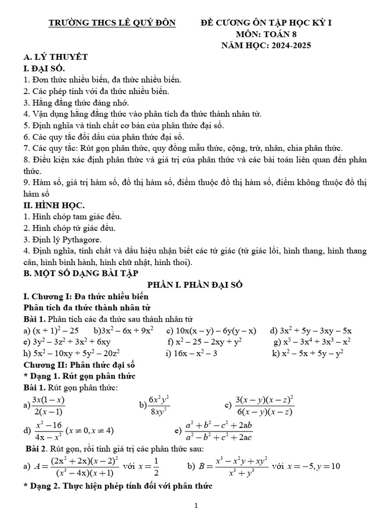 De Cuong Hoc Ky 1 Toan 8 Nam 2024 2025 Truong Thcs Le Quy Don Ha Noi | PDF