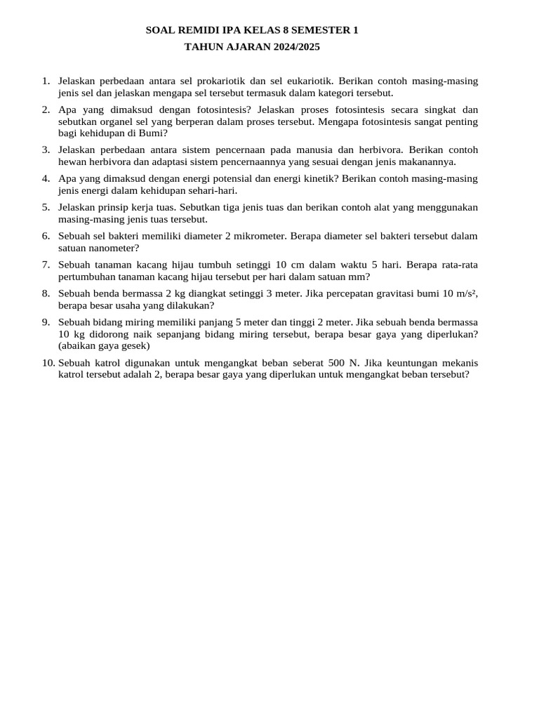 SOAL REMIDI IPA KELAS 8 SEMESTER 1 TAHUN 2024 2025 | PDF