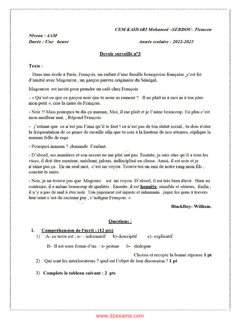 Dzexams 4am Francais 444370 | PDF