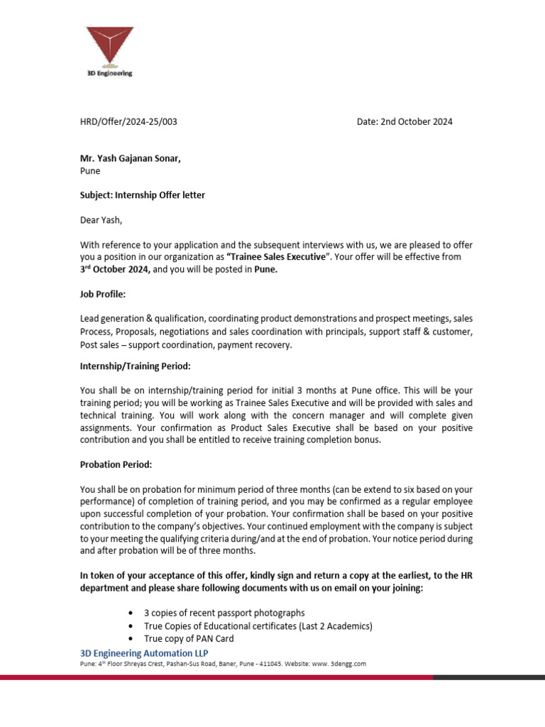 Offer Letter - Yash Sonar - 3DEngg | PDF