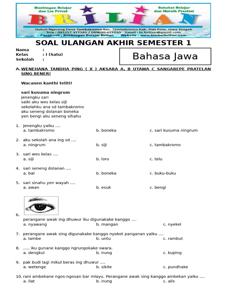 Soal UAS Bahasa Jawa Kelas 1 SD Semester 1 (Ganjil) Dan Kunci Jawabannya | PDF