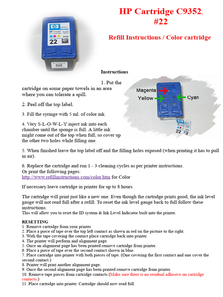 HP #22 Color Cartridge Refill Guide | PDF | Printer (Computing ...