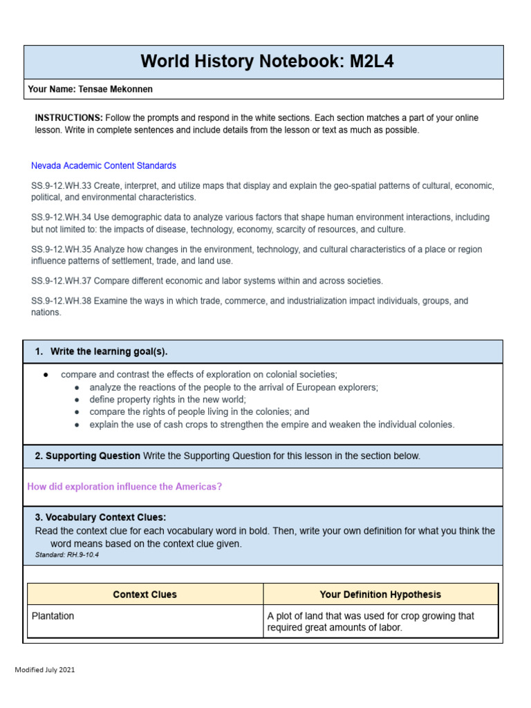 World History Notebook M2L4 | PDF | European Colonization Of The ...