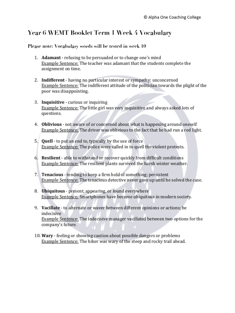 Year 6 WEMT Booklet Term 1 Week 4 Vocabulary | PDF