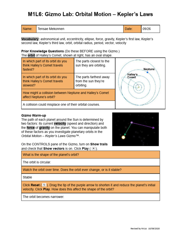 M1 L6: Gizmo Lab: Orbital Motion - Keplers Laws | PDF | Orbit | Ellipse