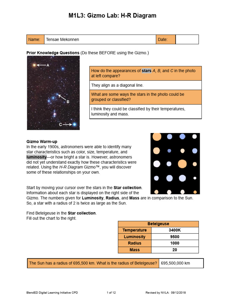 M1 L3 - H-R Diagram Gizmo | PDF | Stars | Astronomical Objects
