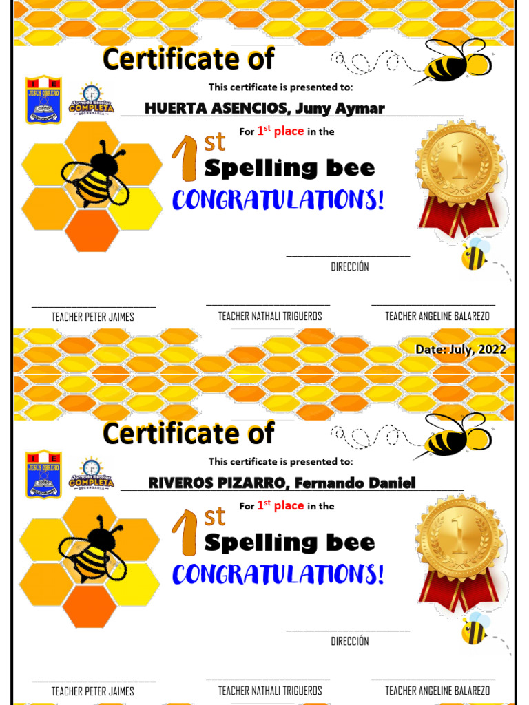 Spelling Bee 1st Place Certificate | PDF