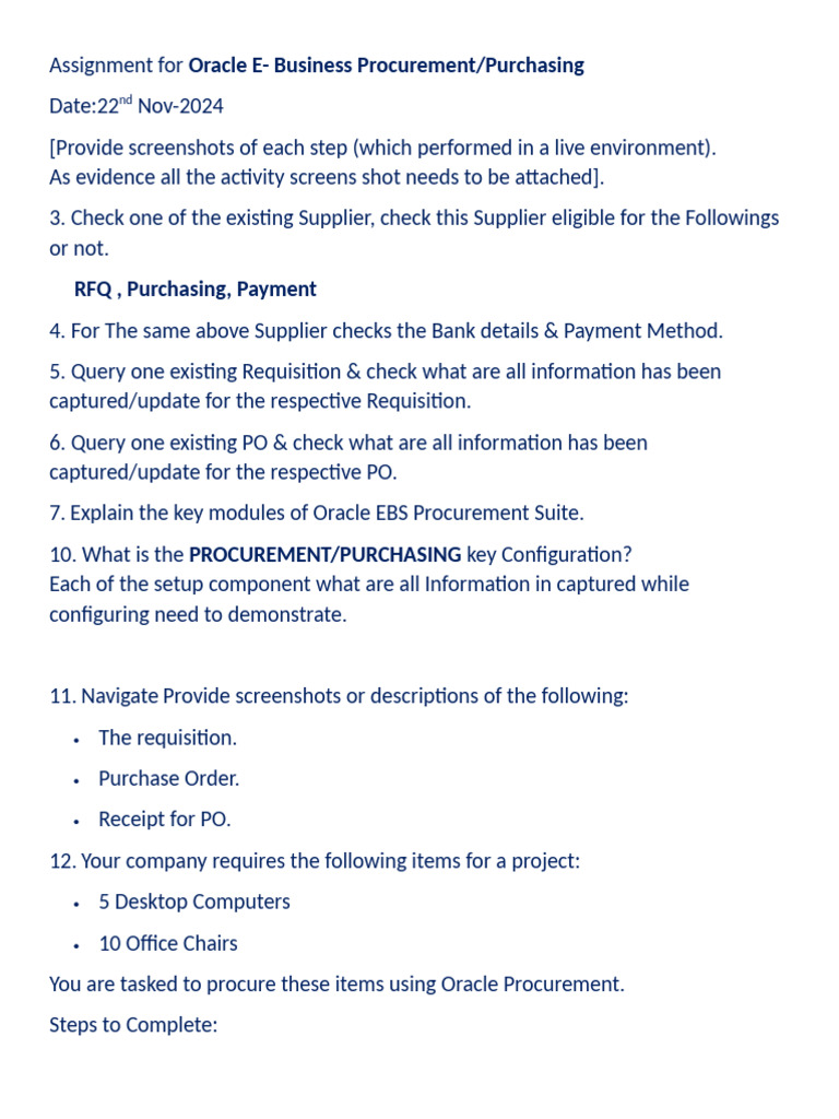 Oracle E-Biz Procurement Assignment 1.0 | PDF