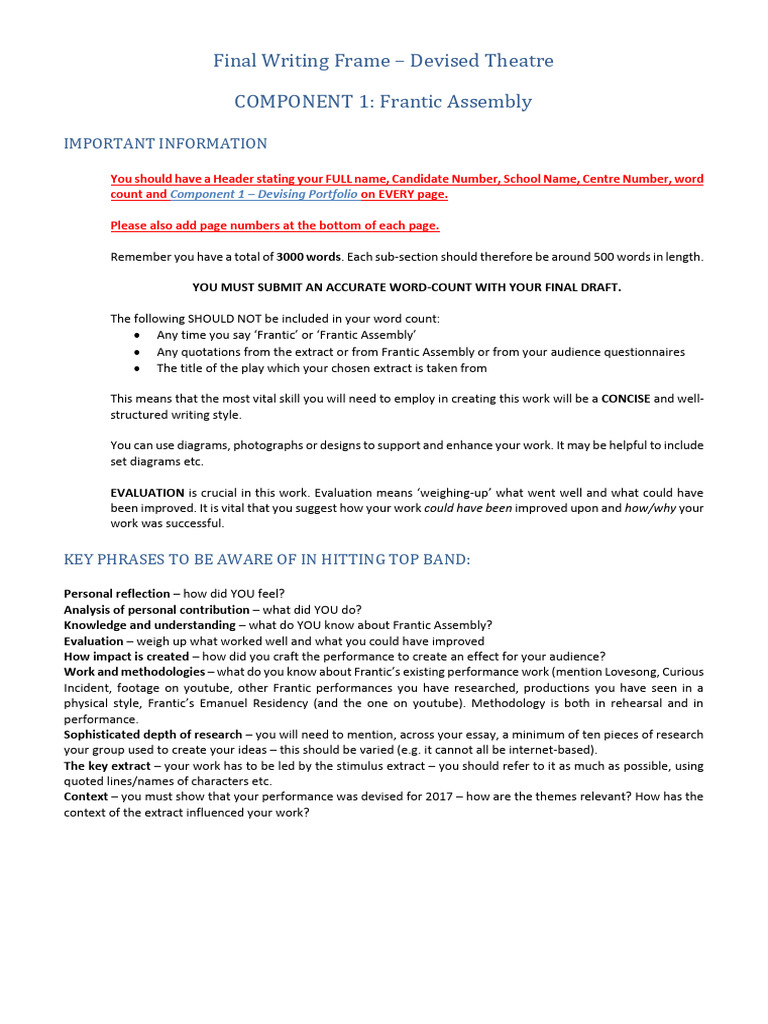 Final Writing Frame - Component 1 Portfolio | PDF | Lust | Mental Disorder