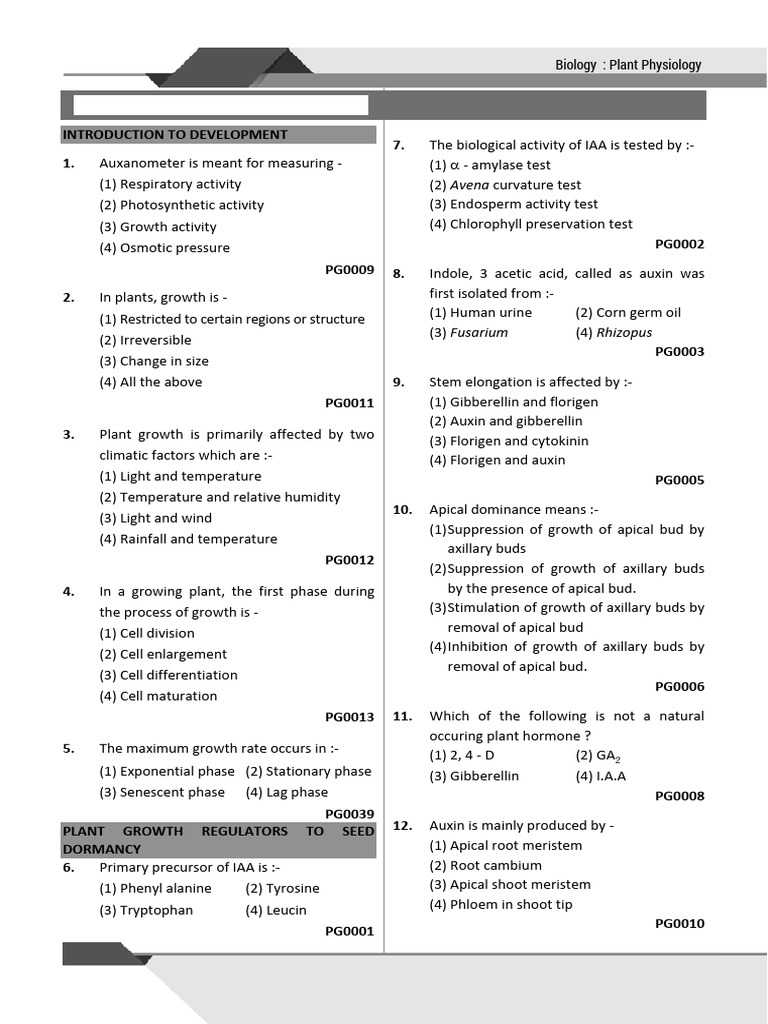 Plant Physiology Quiz | PDF | Plant Hormone | Auxin