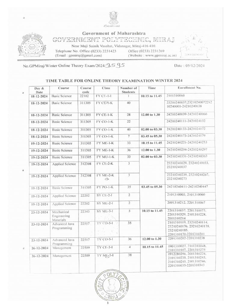 Online Exam Time Table | PDF