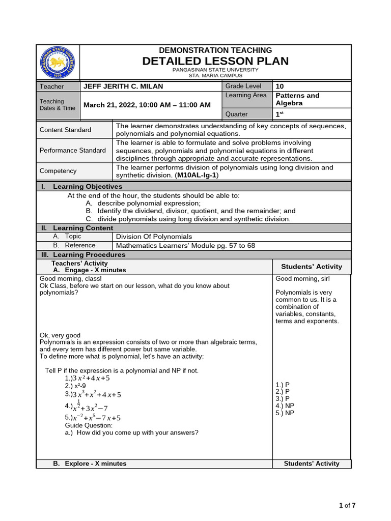 Detailed Lesson Plan: Jeff Jerith C. Milan 10 March 21, 2022, 10:00 AM ...