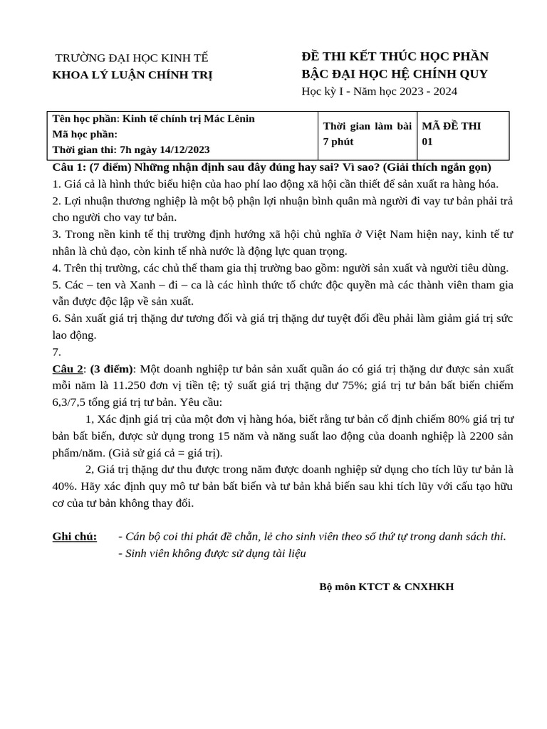 Đề thi KTCT ĐHSP. HKI(2023-2024) | PDF