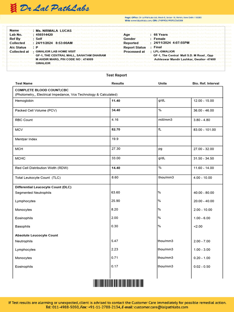 Blood Test Report for Ms. Nirmala Lucas | PDF | White Blood Cell ...