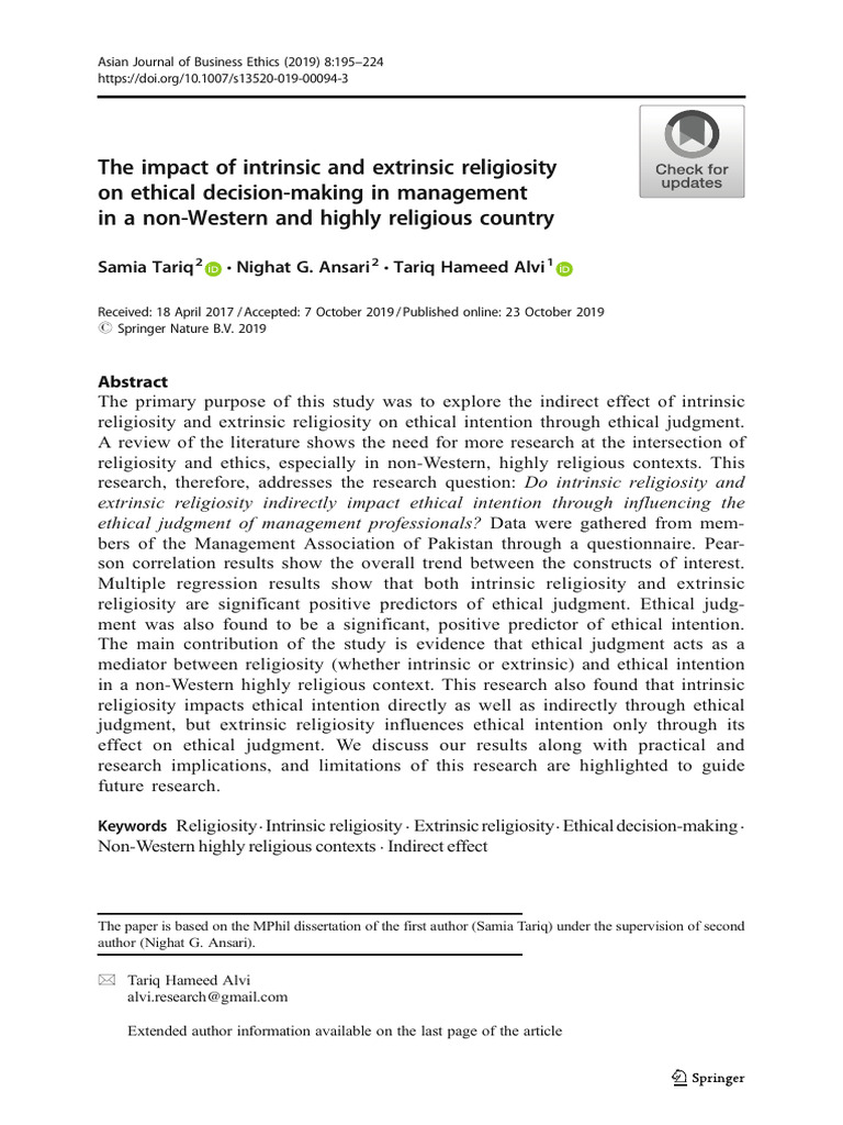The Impact of Intrinsic and Extrinsic Religiosity On Ethical Decision ...