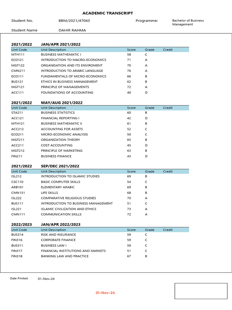 Academic Transcript: Business Management | PDF | Mathematics | Accounting