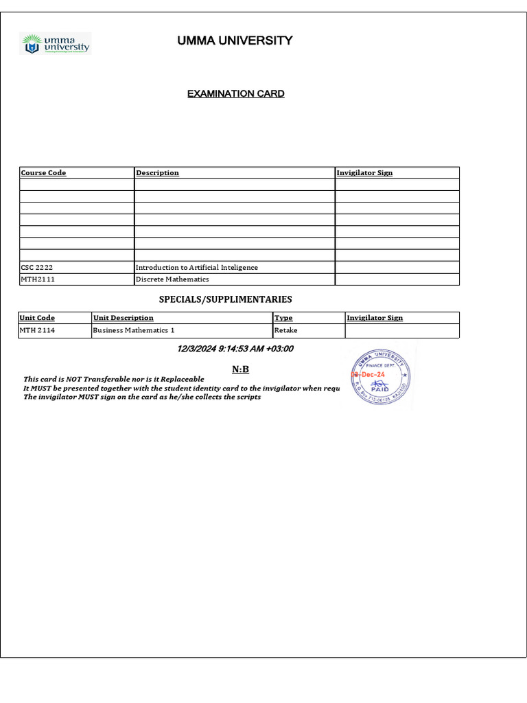 ExamCard BBIT202350619 | PDF