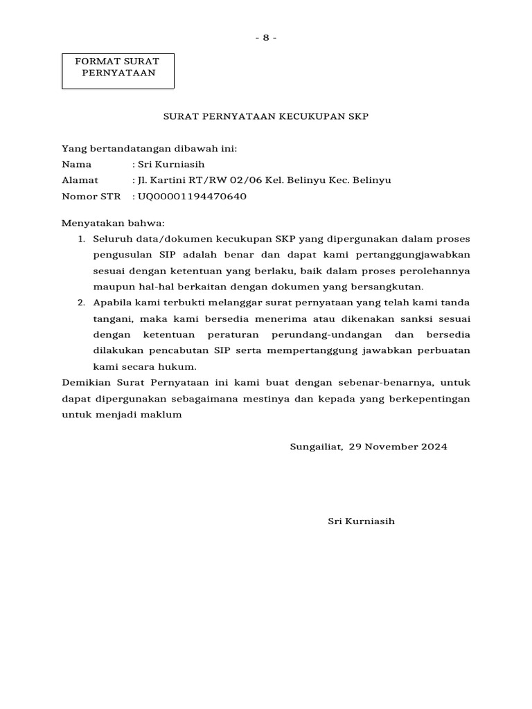 SURAT PERNYATAAN KECUKUPAN SKP | PDF