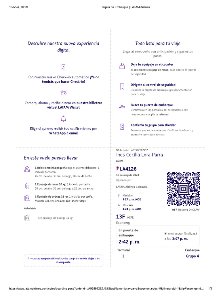 Tarjeta de Embarque - LATAM Airlines | PDF