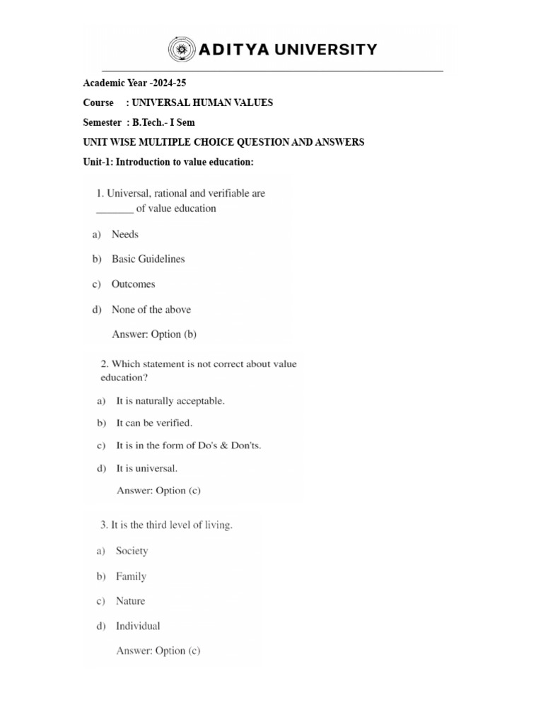 UHV Unit Wise MCQs | PDF