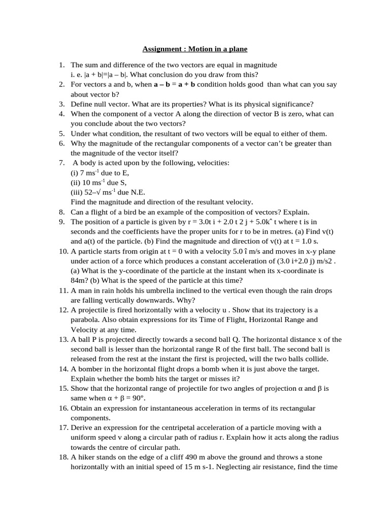 Assignment Motion in Plane | PDF | Acceleration | Space