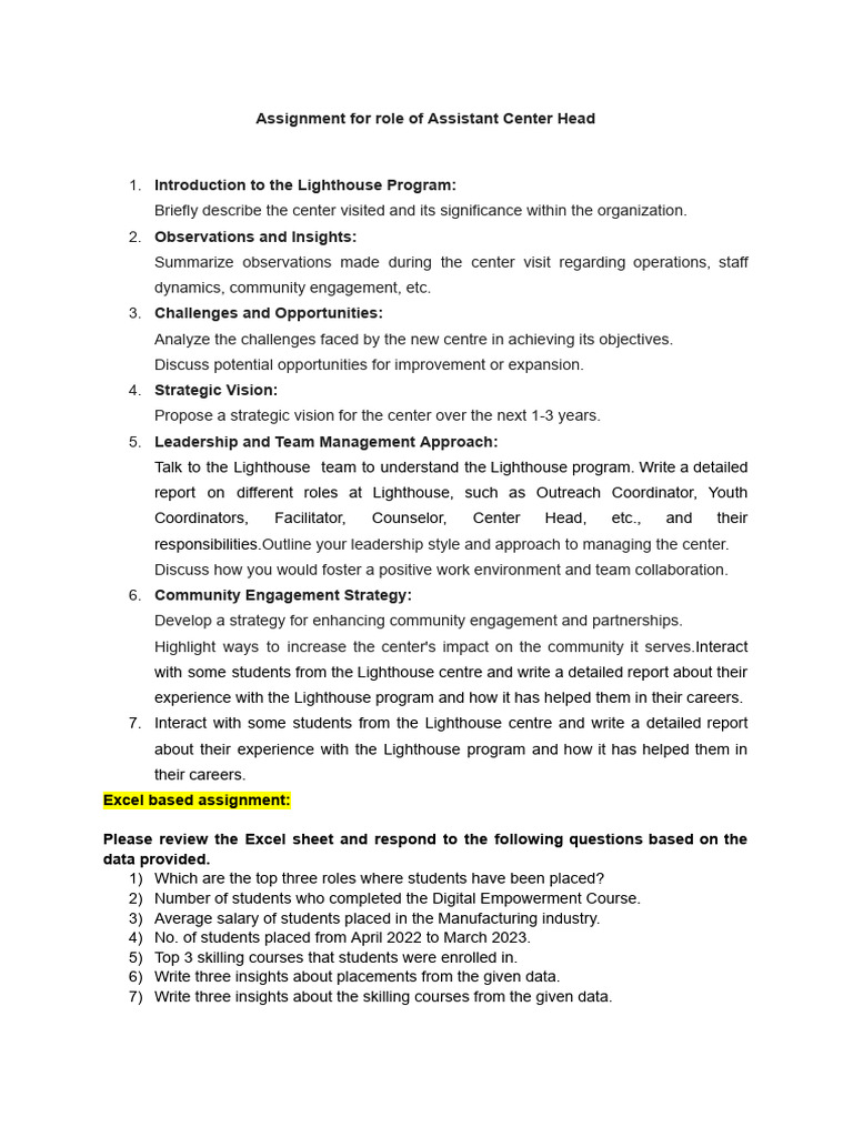 Assignment For Center Head Role | PDF