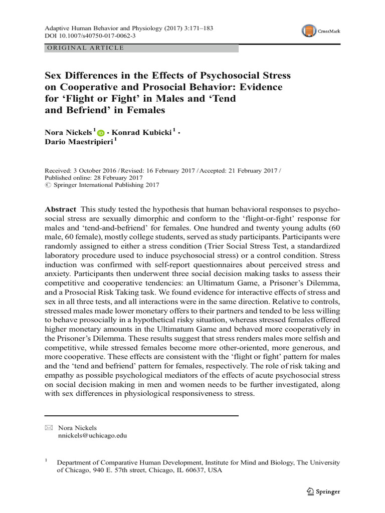 Sex Differences in The Effects of Psychosocial Stress On Cooperative ...