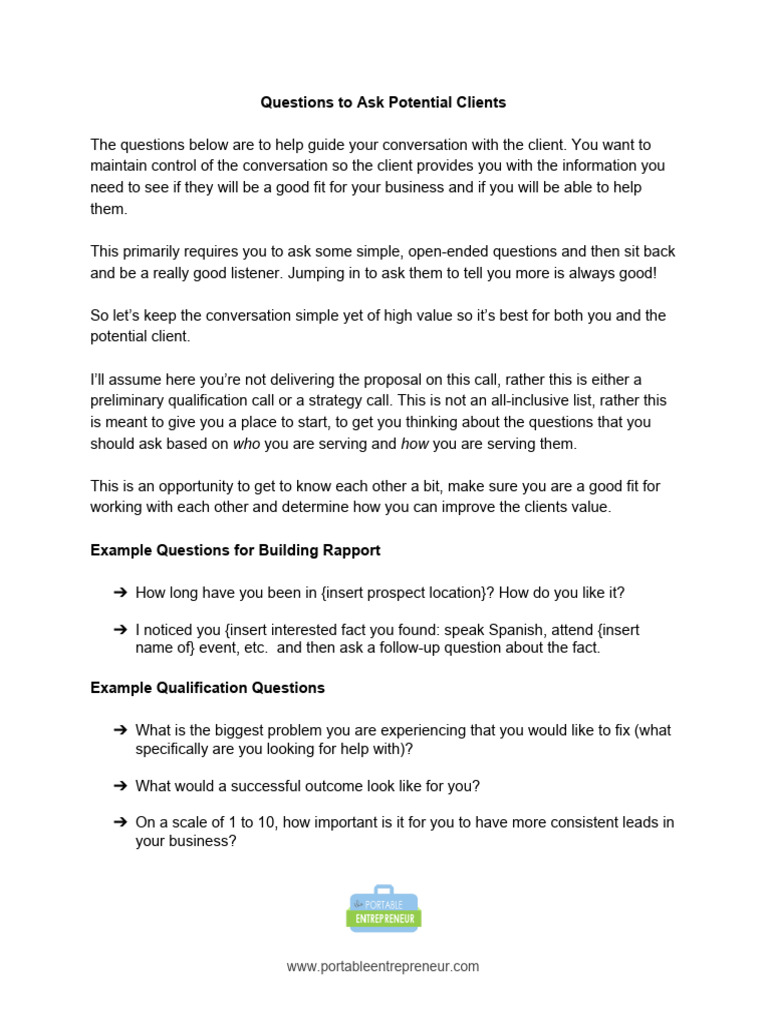 Questions To Ask Potential Clients: Who How | PDF