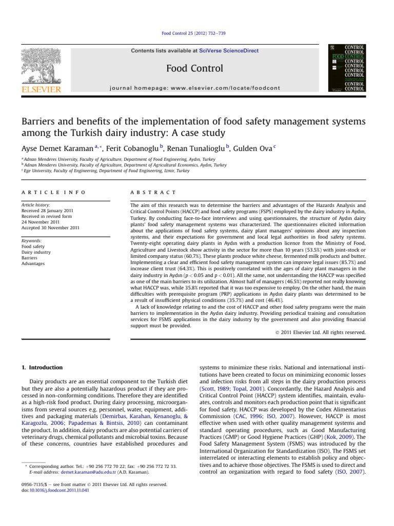 Barriers to Food Safety in Turkish Dairy | PDF | Food Safety | Food ...