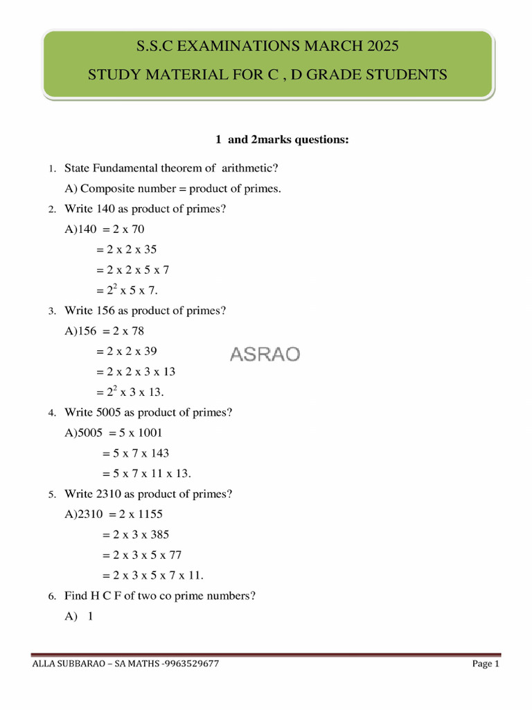 AP SSC Maths Slow Learners Material (2024-25) | PDF