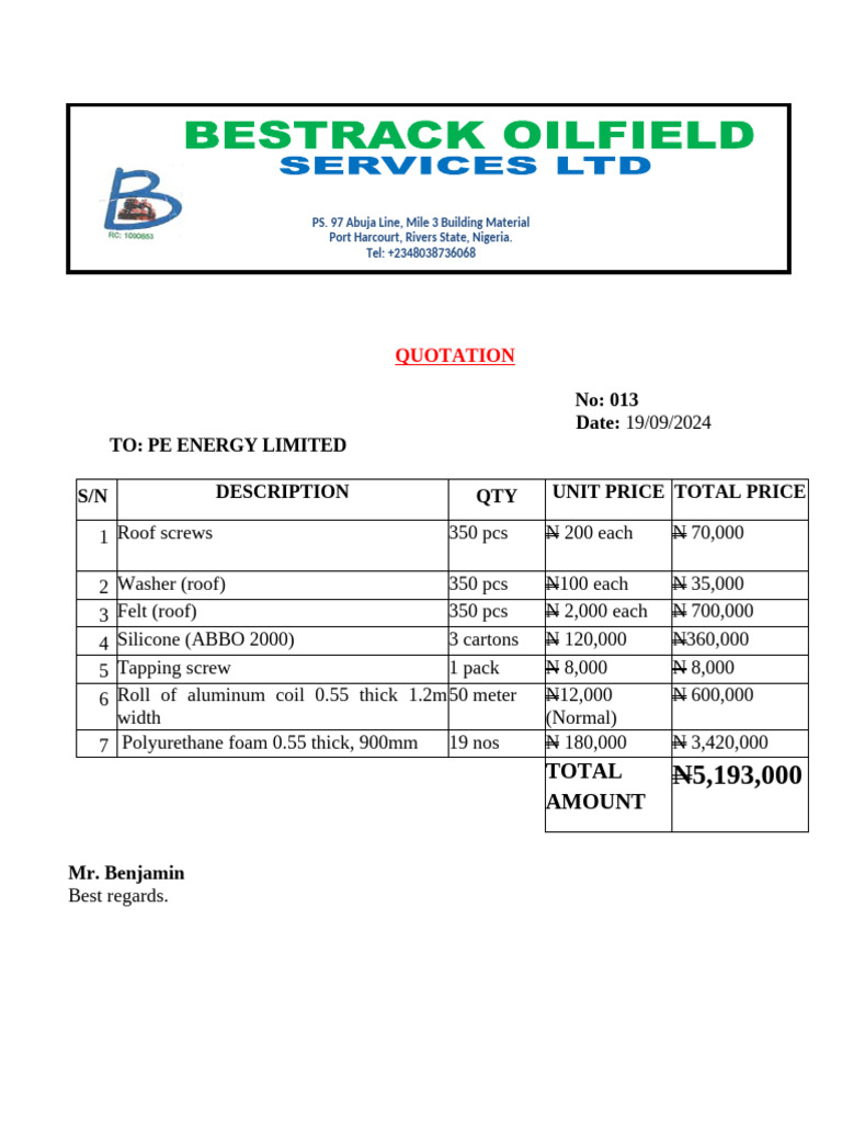 Quotation for Roofing Materials Supply | PDF