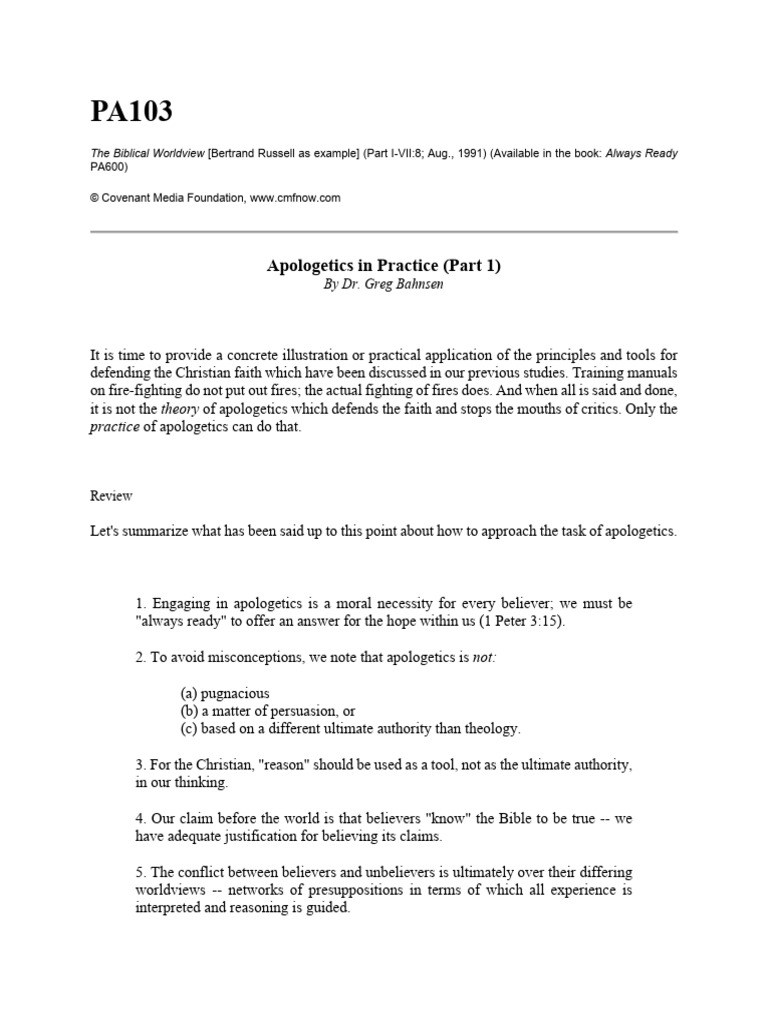 PA103 Apologetics in Practice | PDF | Reason | Christian Apologetics