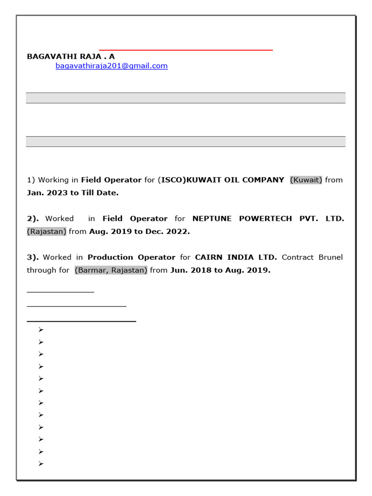 Bagavathiraja Rover Operator CV | PDF | Pump | Valve