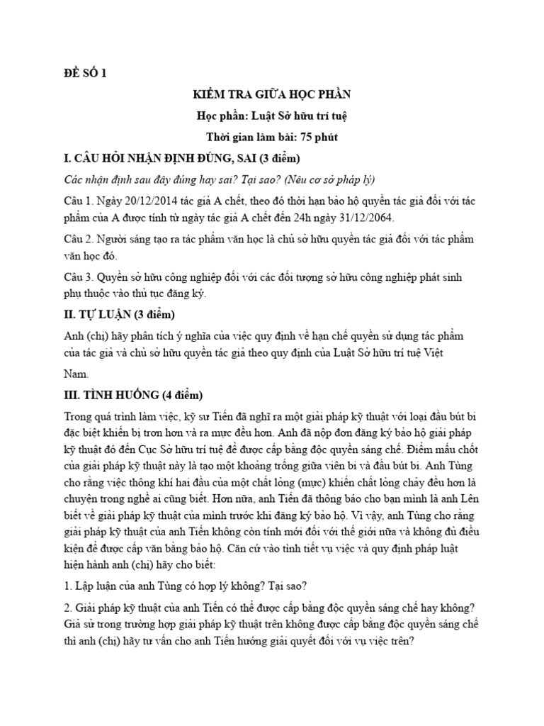 ĐỀ THI GIỮA KỲ - LUẬT SHTT | PDF