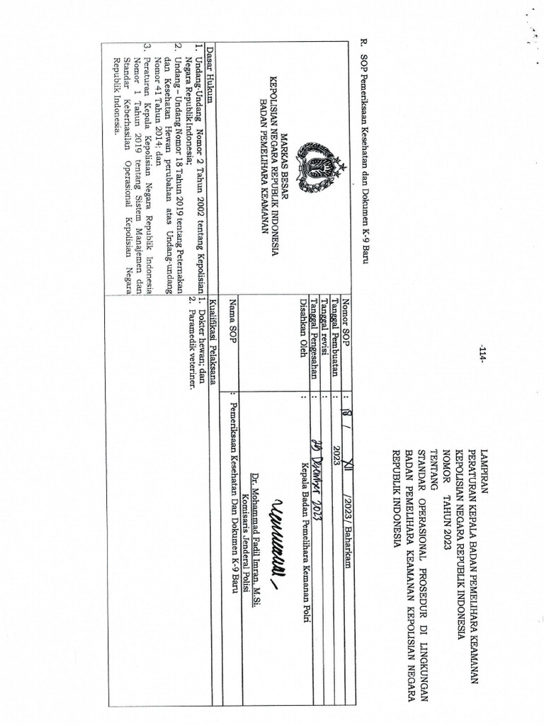 SOP Pemeriksaan Kesehatan Satwa K-9 | PDF
