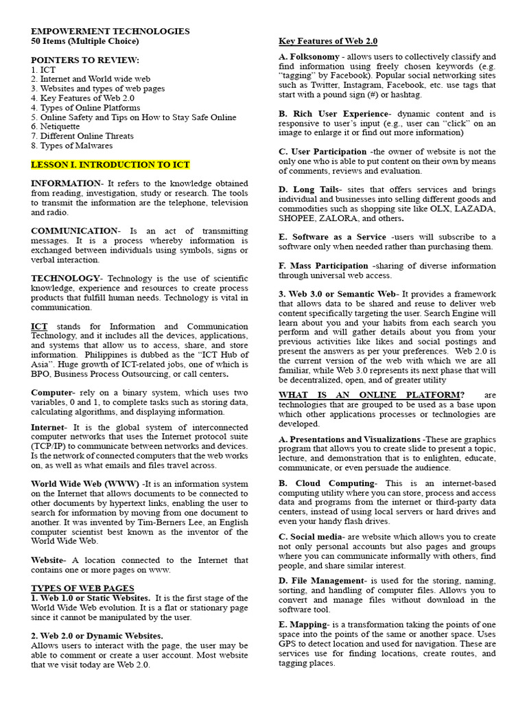 REVIEWER 1st Quarter Exam in Emtech | PDF | World Wide Web | Internet & Web