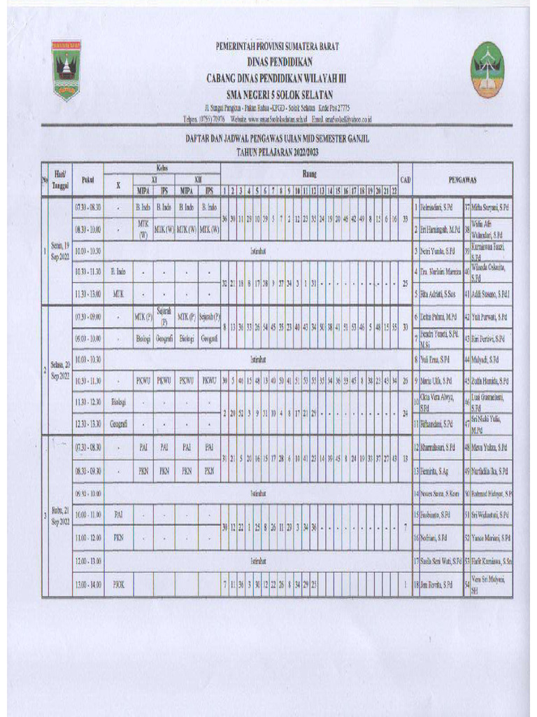 Jadwal Ujian MID Semester Ganjil T.P 2022-2022 | PDF