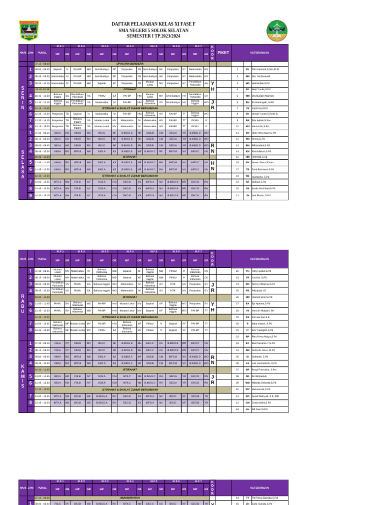 Jadwal Pelajaran Kelas XI SMA | PDF
