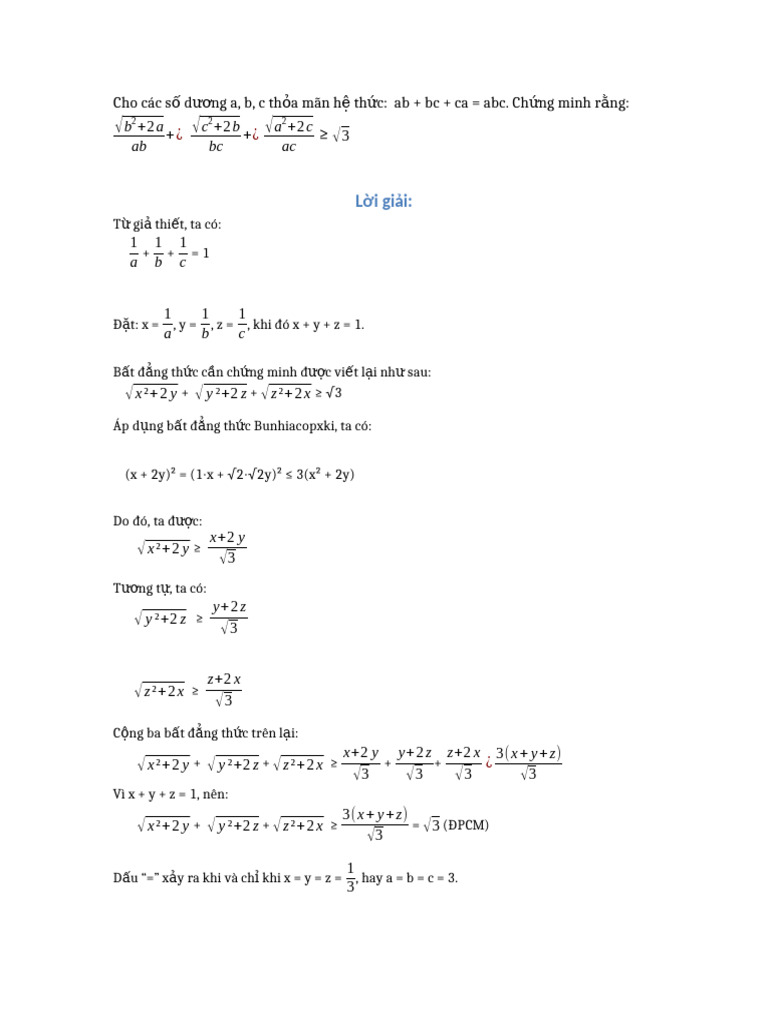 Lời giải:: Chocács d ng a, b, c th a mãn h th c: ab + bc + ca = abc. Ch ng minh r ng | PDF
