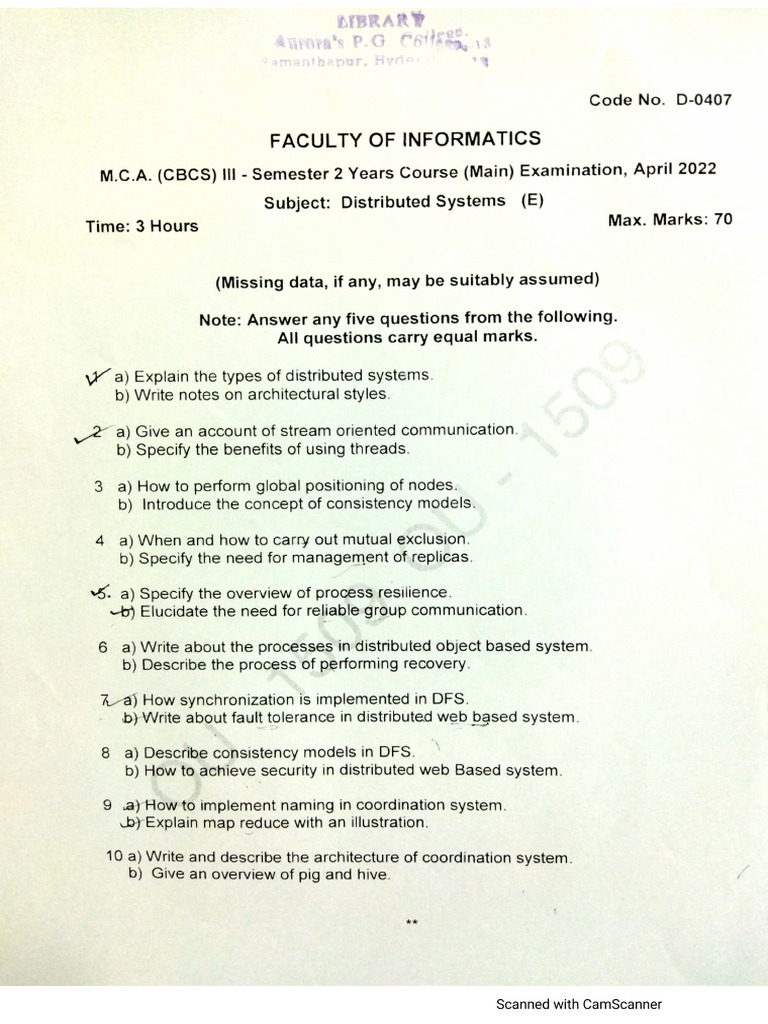 Distributed Systems PY Question Papers | PDF