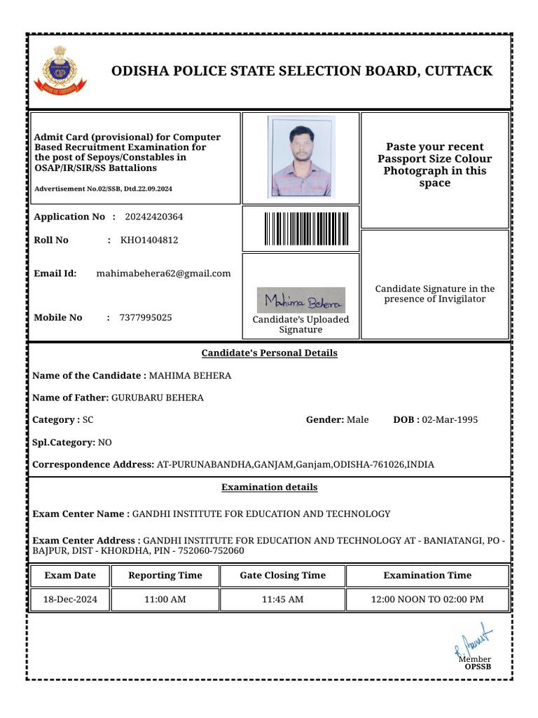 Mahima Opssb - Admit Card | PDF | Identity Document