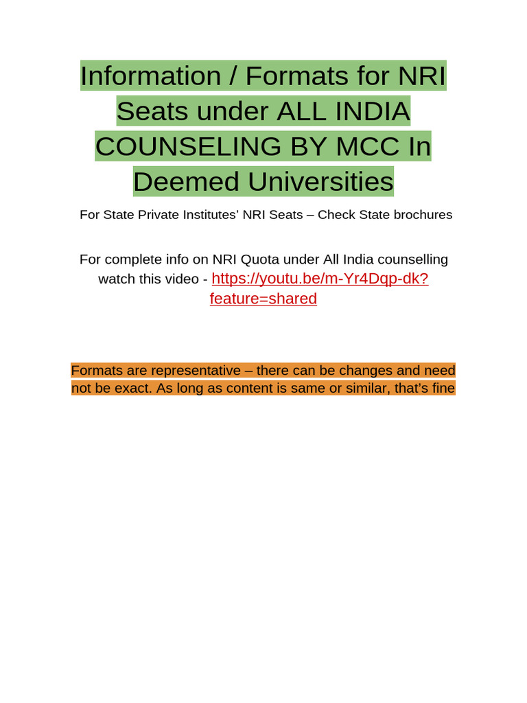 NRI Admission Formats for Medical Counseling | PDF | Government And ...