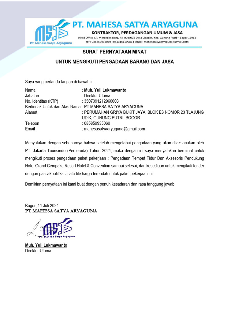 Surat Pernyataan Minat Tender | PDF