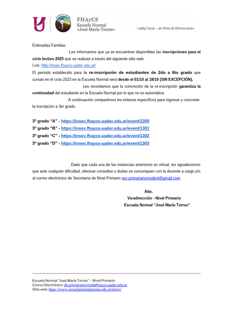 Comunicado - Familias - Re - Inscripciones - 3er Grado - 2025 - Nivel - Primario | PDF