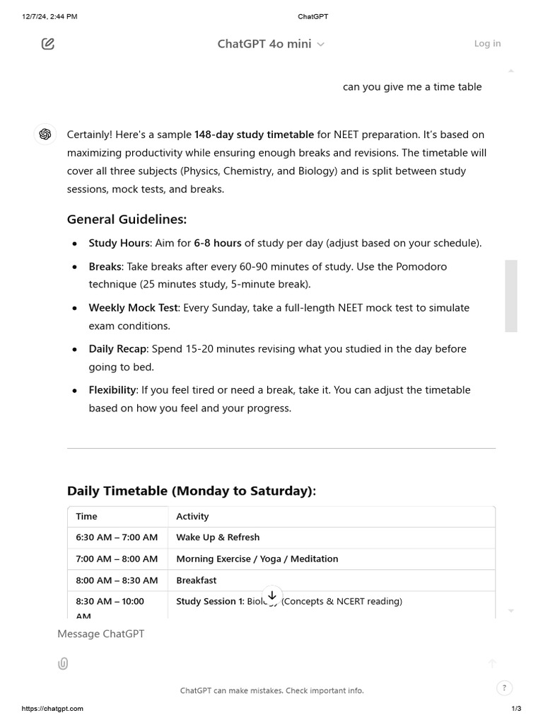 Neet Time Table by Chatgpt | PDF