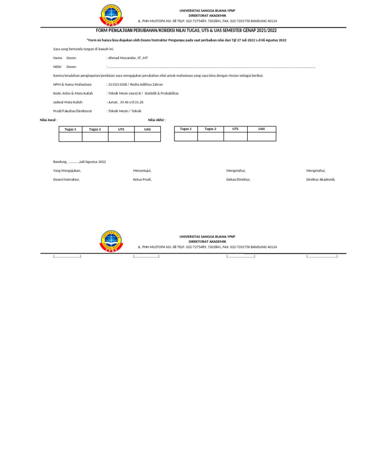 Form Pengajuan Perubahan Nilai - Baa - Genap 2122 | PDF