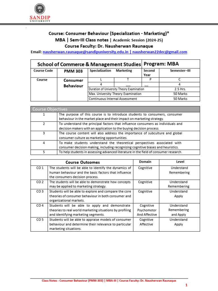 1 - CB - Class - Notes - PMM 303 - MBA-III | PDF | Consumer Behaviour ...